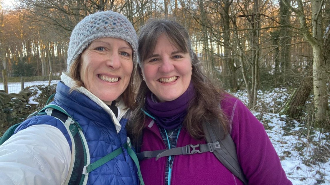 Katy and Megan hiking together is fundraising for Cancer Research UK